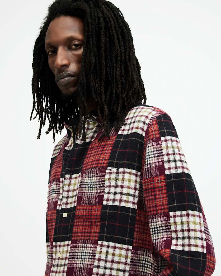 Patchi Patchwork Checked Relaxed Shirt SANGRIA RED | ALLSAINTS